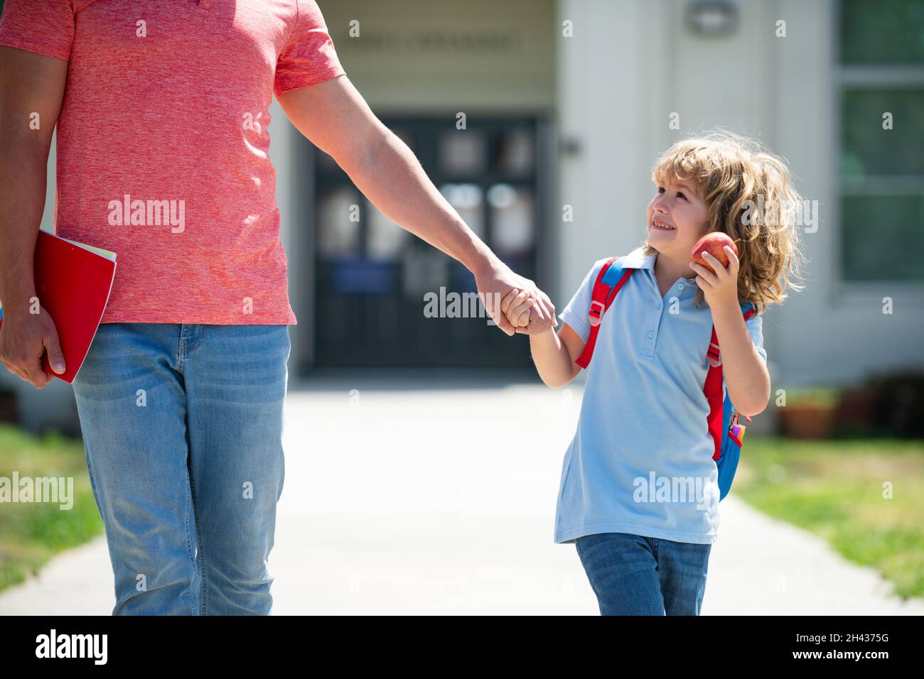 Father and son run with father come back from school. Family, education ...