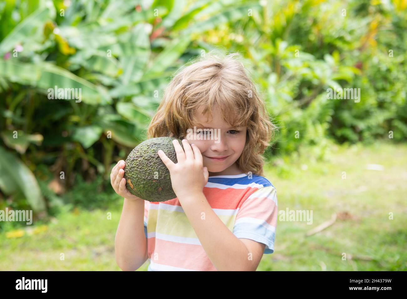 Kid eating and enjoying an avocado on a nature background. Healthy food ...
