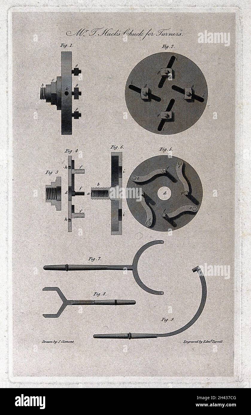 Engineering: a centring chuck mechanism for a lathe, elevations, cross ...