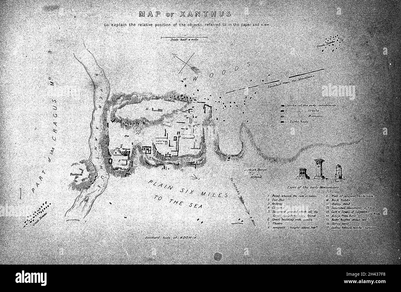Map of Xanthus with coloured keys to show origins of various ruins ...