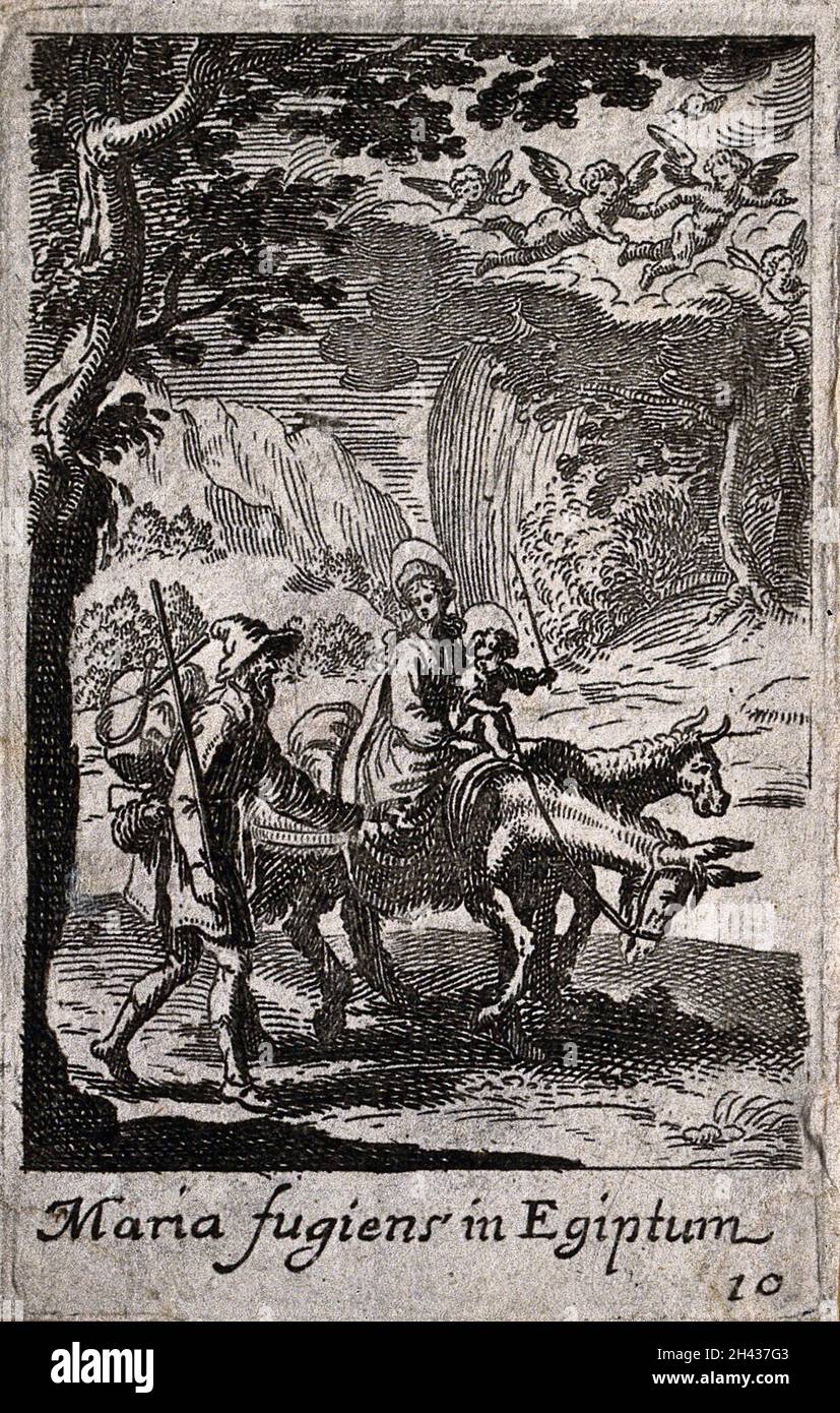 Mary and Joseph ride to Egypt with the infant Jesus. Etching Stock ...