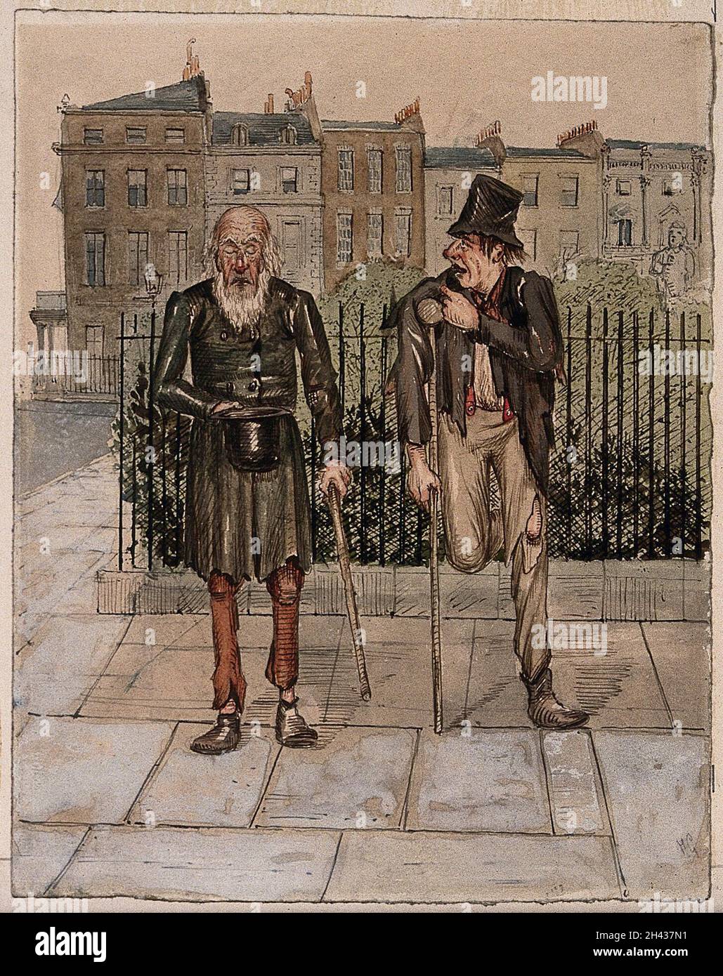 A blind man is begging with a hat in his hand and another is one-legged ...