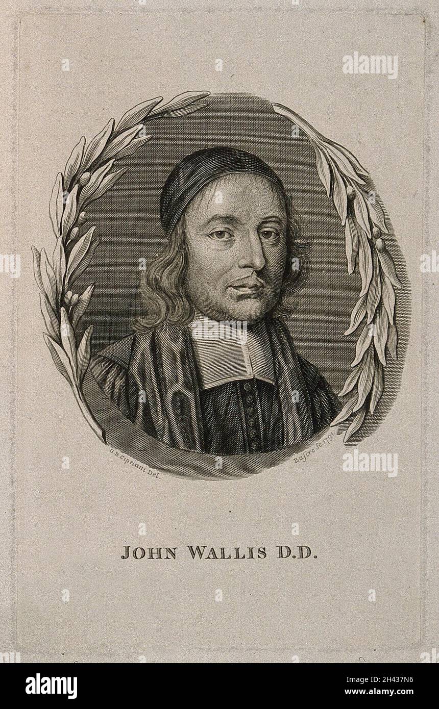 John Wallis. Line engraving by J. Basire, 1791, after G. B. Cipriani ...