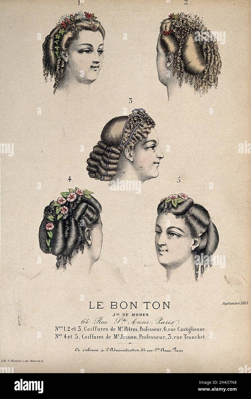 The heads of five women with ringletted hair dressed with flowers ...