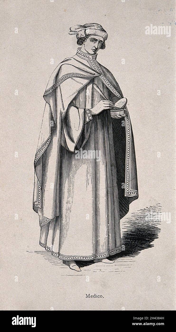 A physician in traditional costume, Italy. Wood engraving Stock Photo ...