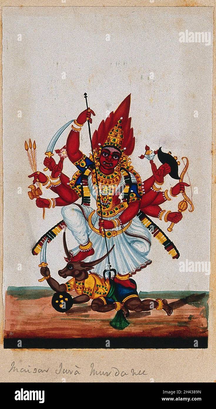 Mahishasuramardini ; Durga killing the demon Mahisha. Gouache painting ...