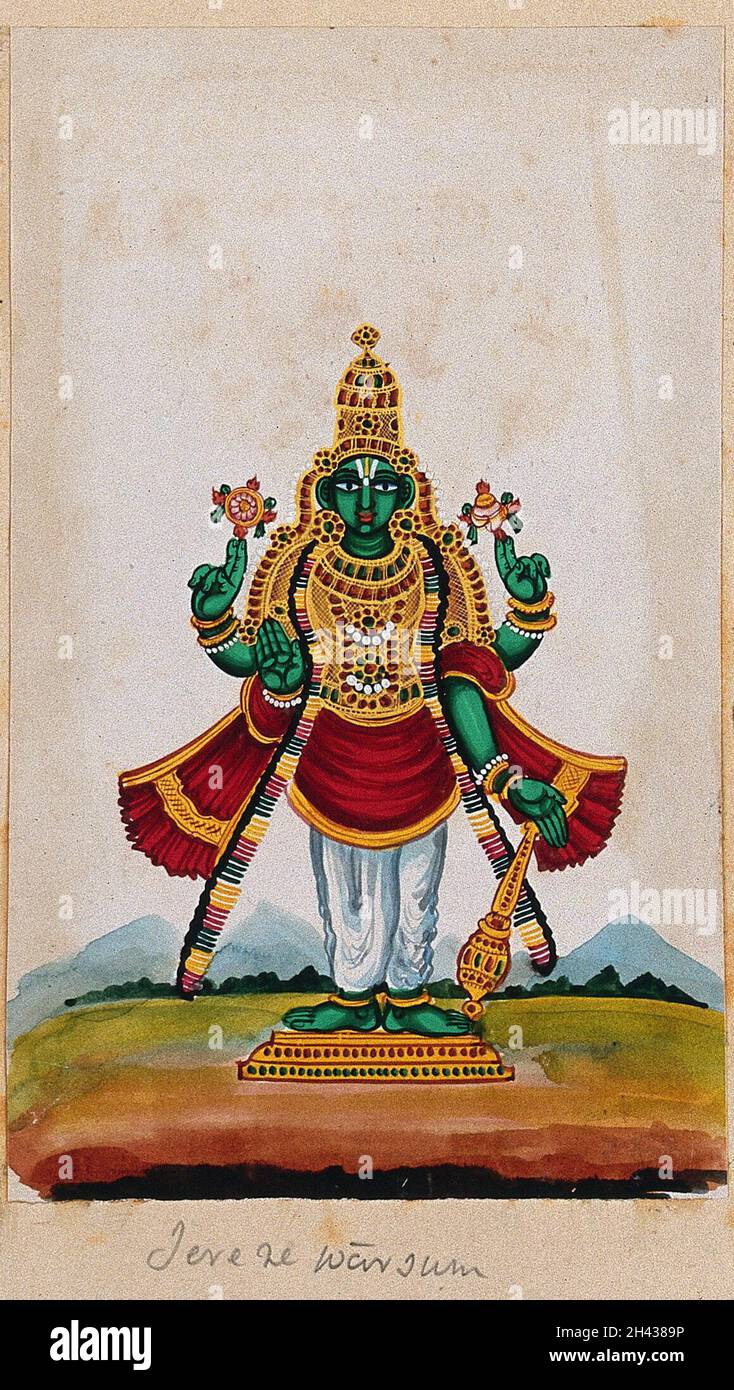 Lord Vishnu holding a discus, conch and a mace in each hand, with the ...