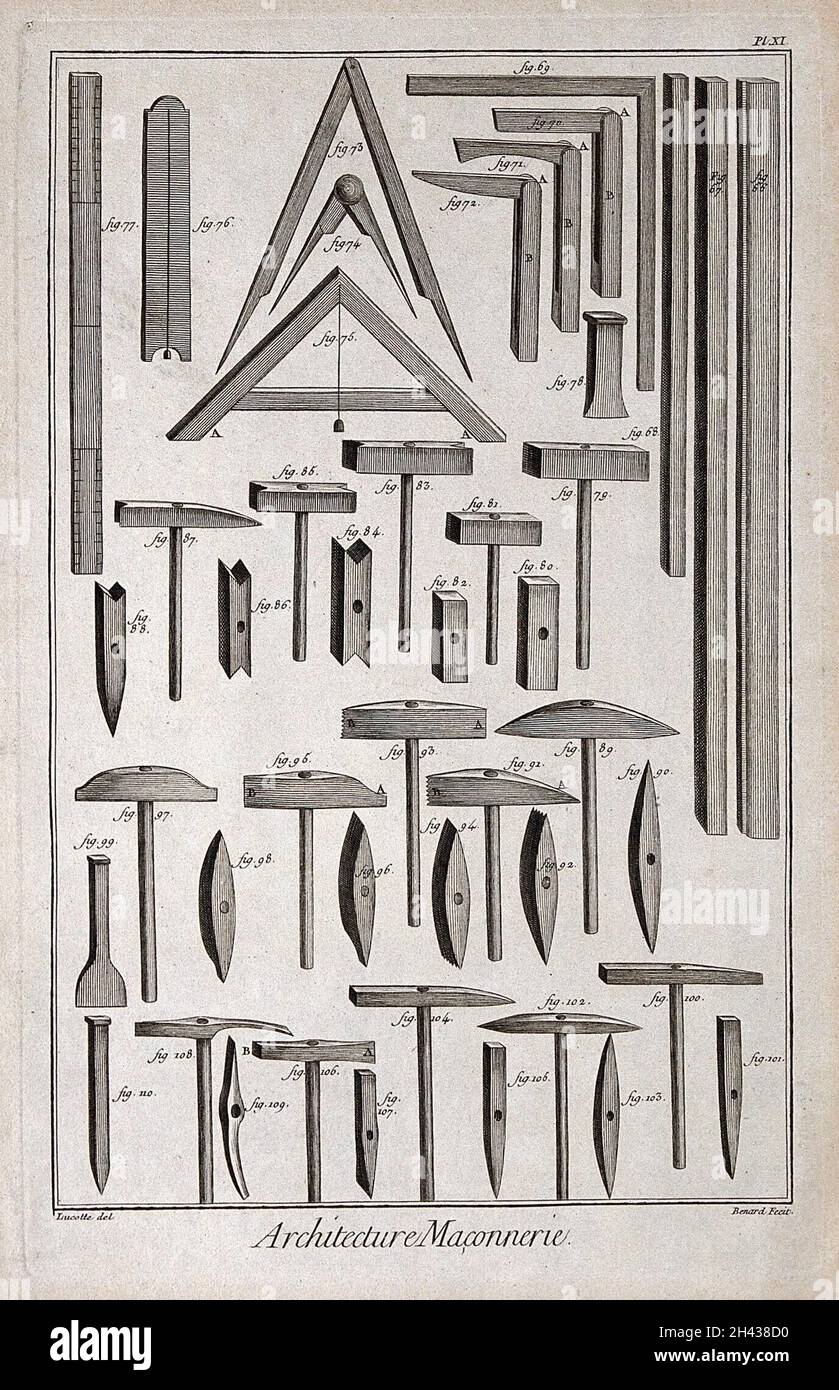 Architecture: mason's tools, masonry details. Engraving by Bénard after ...