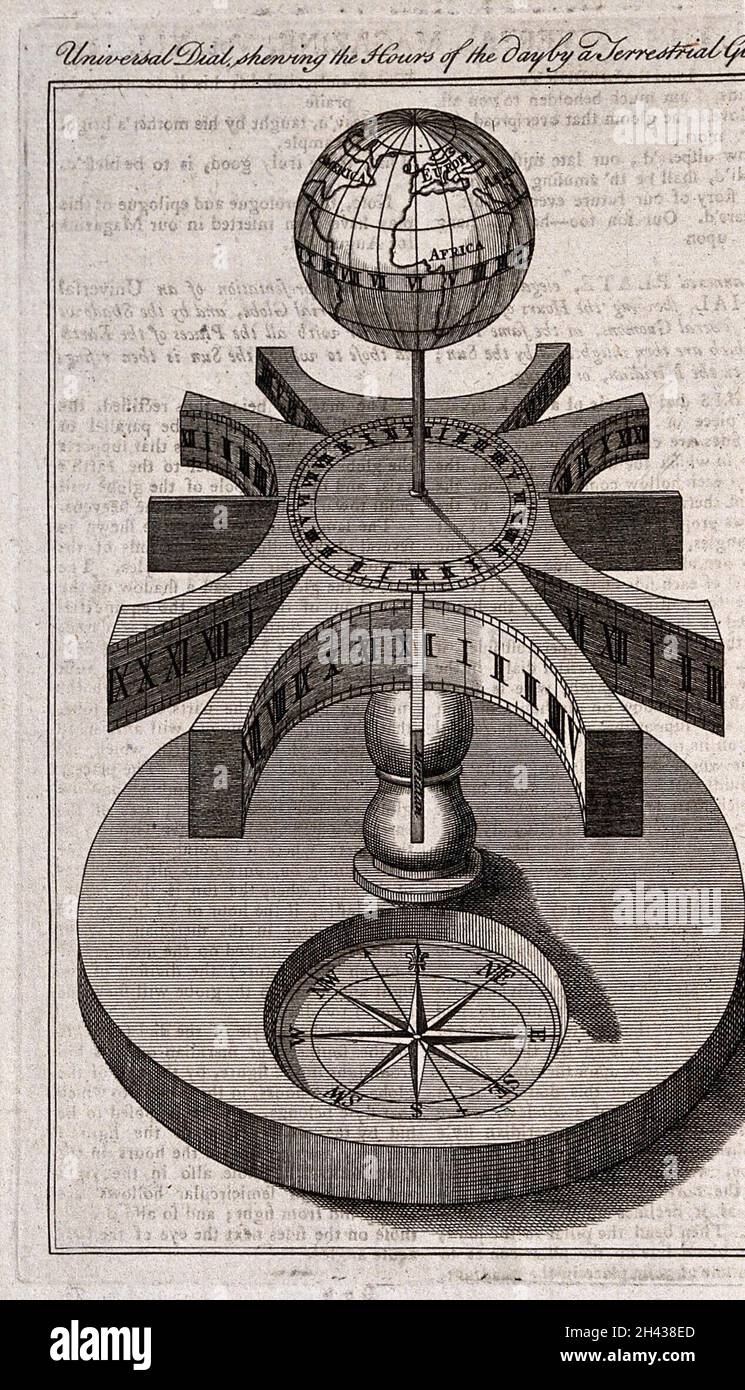 Clocks: a universal sundial, with a compass. Engraving Stock Photo - Alamy