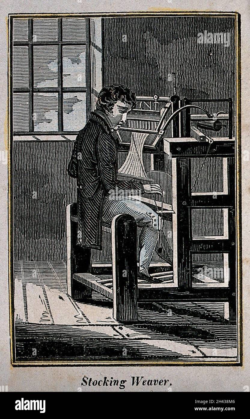 Textiles: a man sitting at a loom weaving stockings. Wood engraving ...