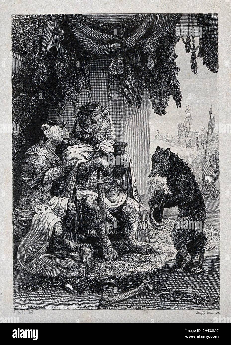 A fox is pleading before the lion dressed as king while an execution of ...