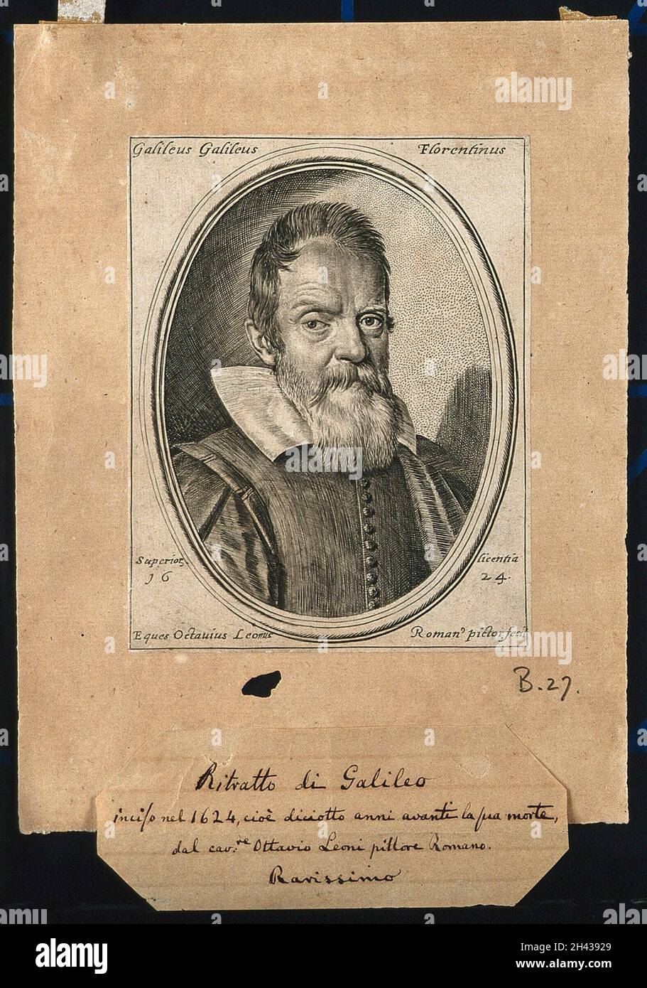 Galileo Galilei. Line engraving by O. Leoni, 1624, after himself ...