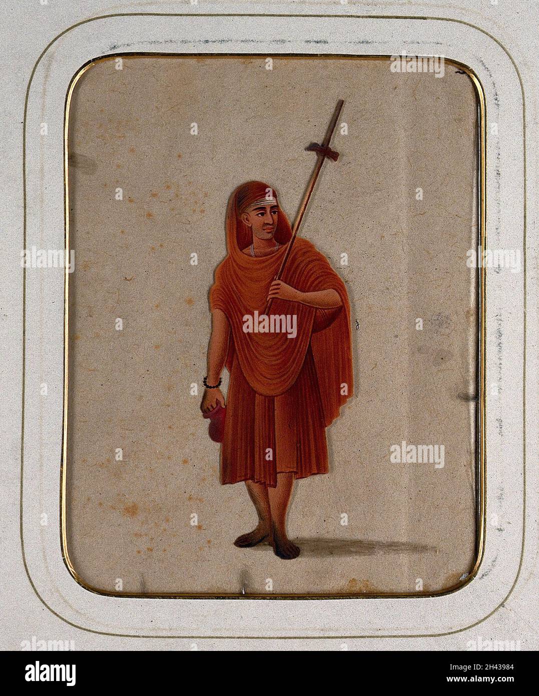 A Buddhist monk (?) wearing orange robes, with horizontal marks on his ...