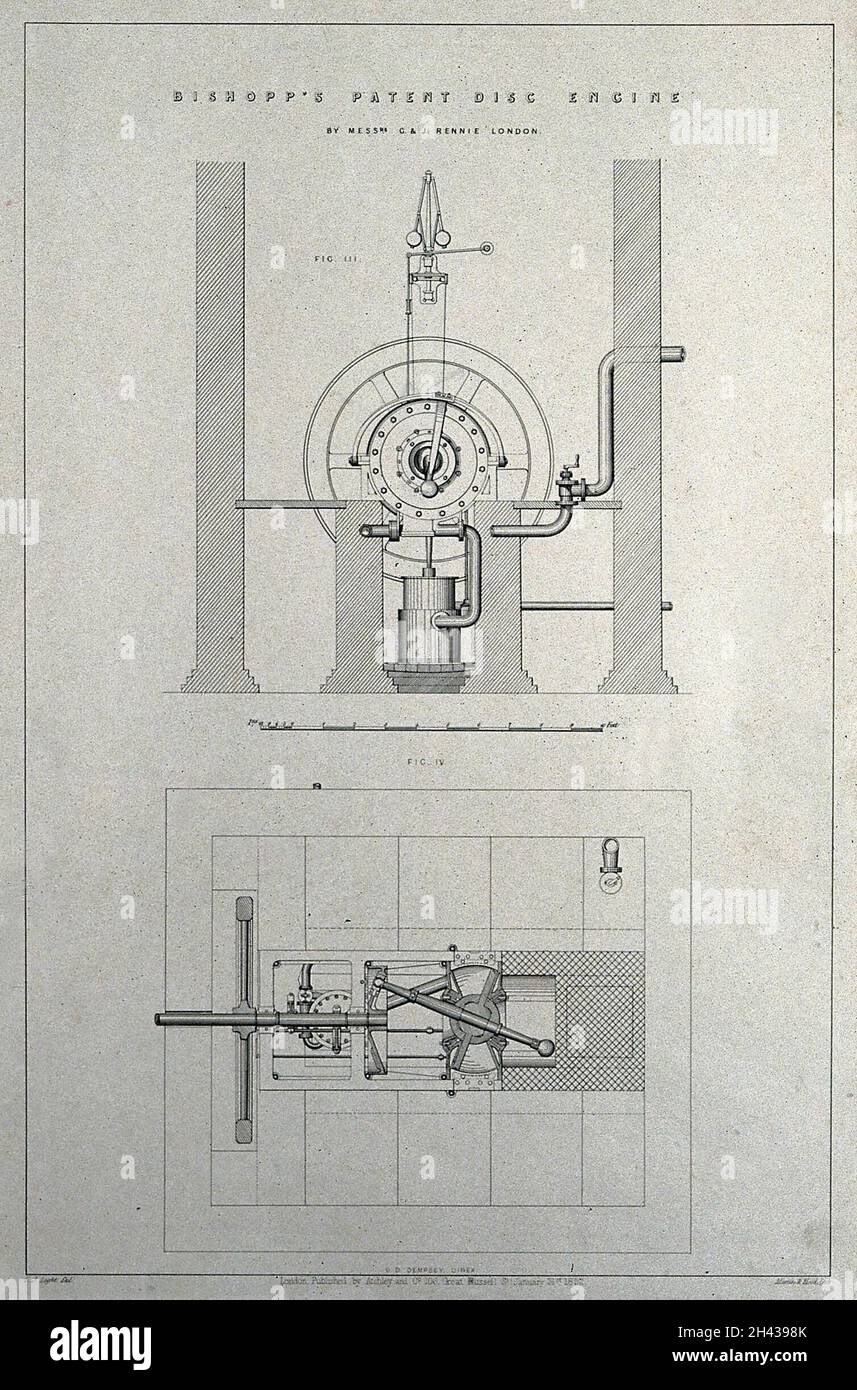 Engineering: a nutating disc engine: two figures. Lithograph by Martin ...