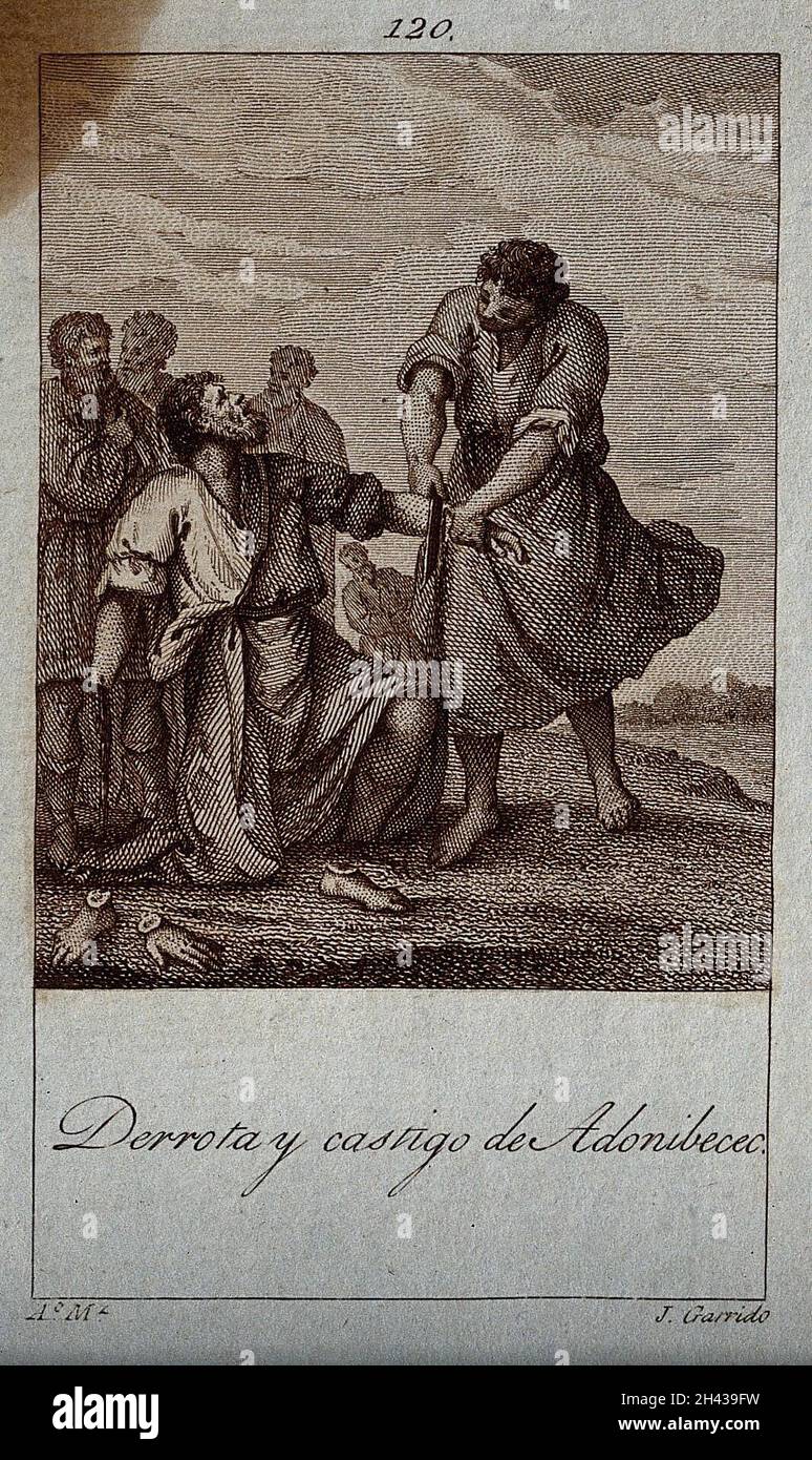 The defeat and mutilation of Adoni-bezek. Engraving by J. Garrido after ...