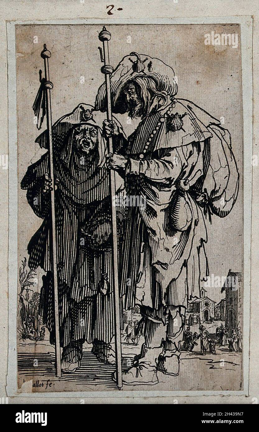 Two pilgrims. Etching with engraving by Jacques Callot, ca. 1622 Stock ...
