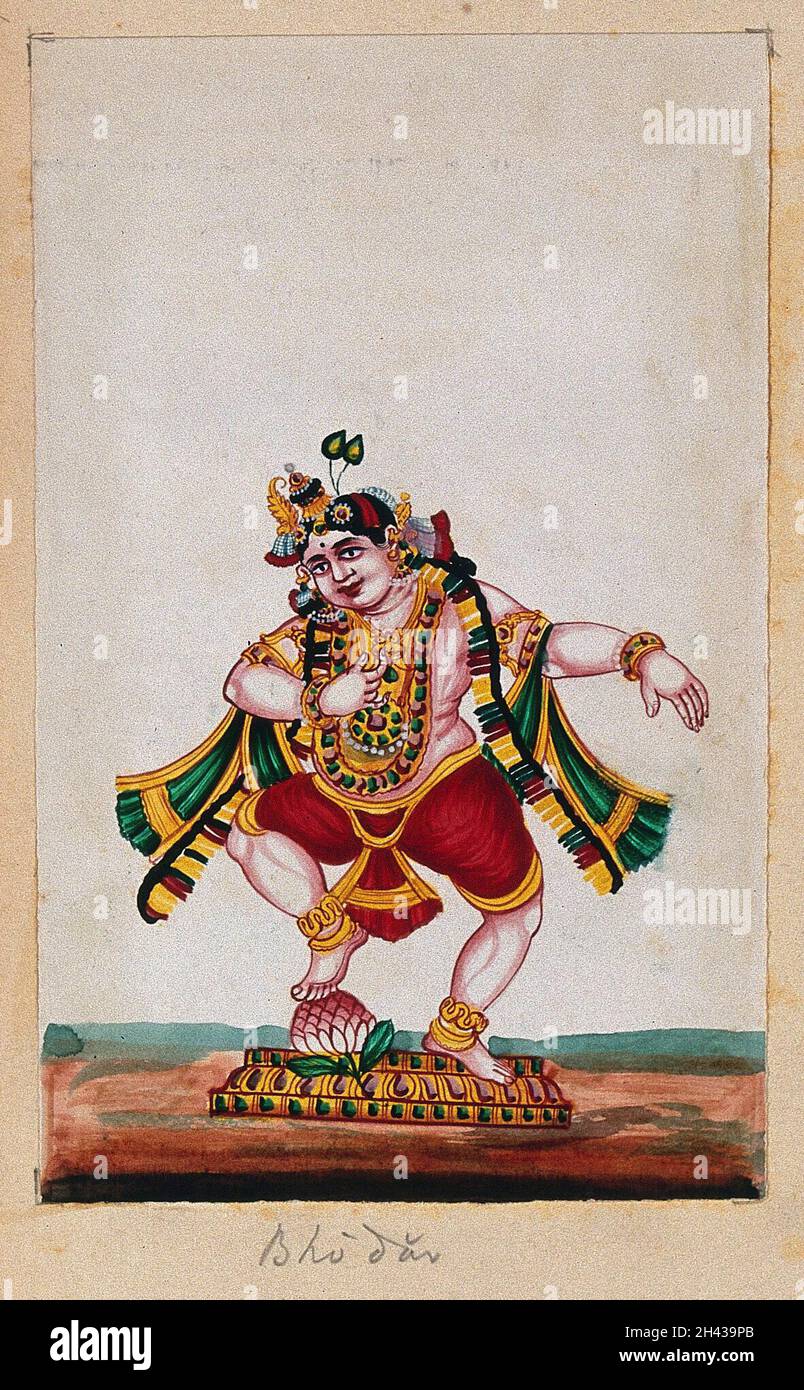 Lord Balarama (?) dancing on a lotus. Gouache painting by an Indian ...