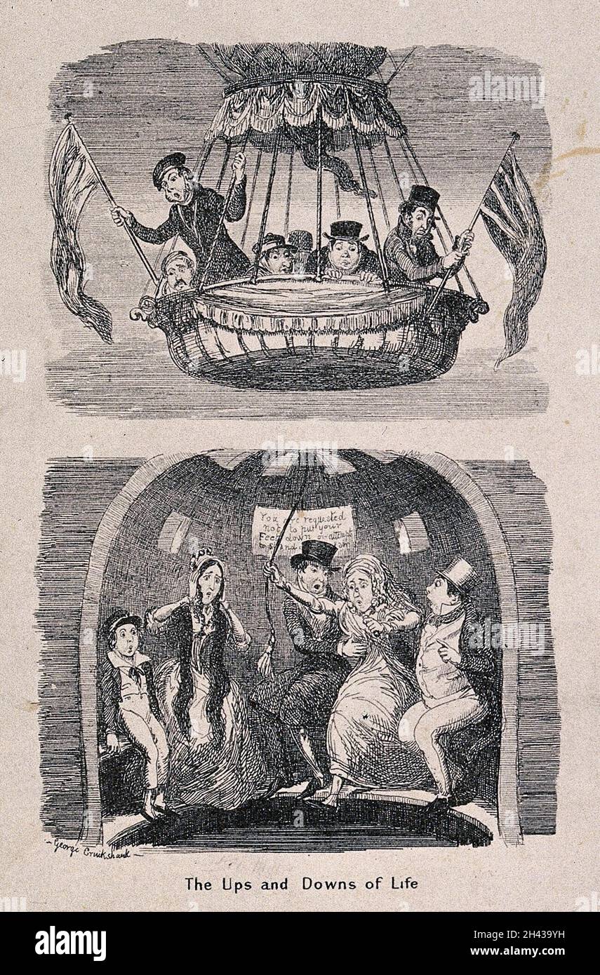 As some men go up in a balloon a woman is about to fall into a hole in ...