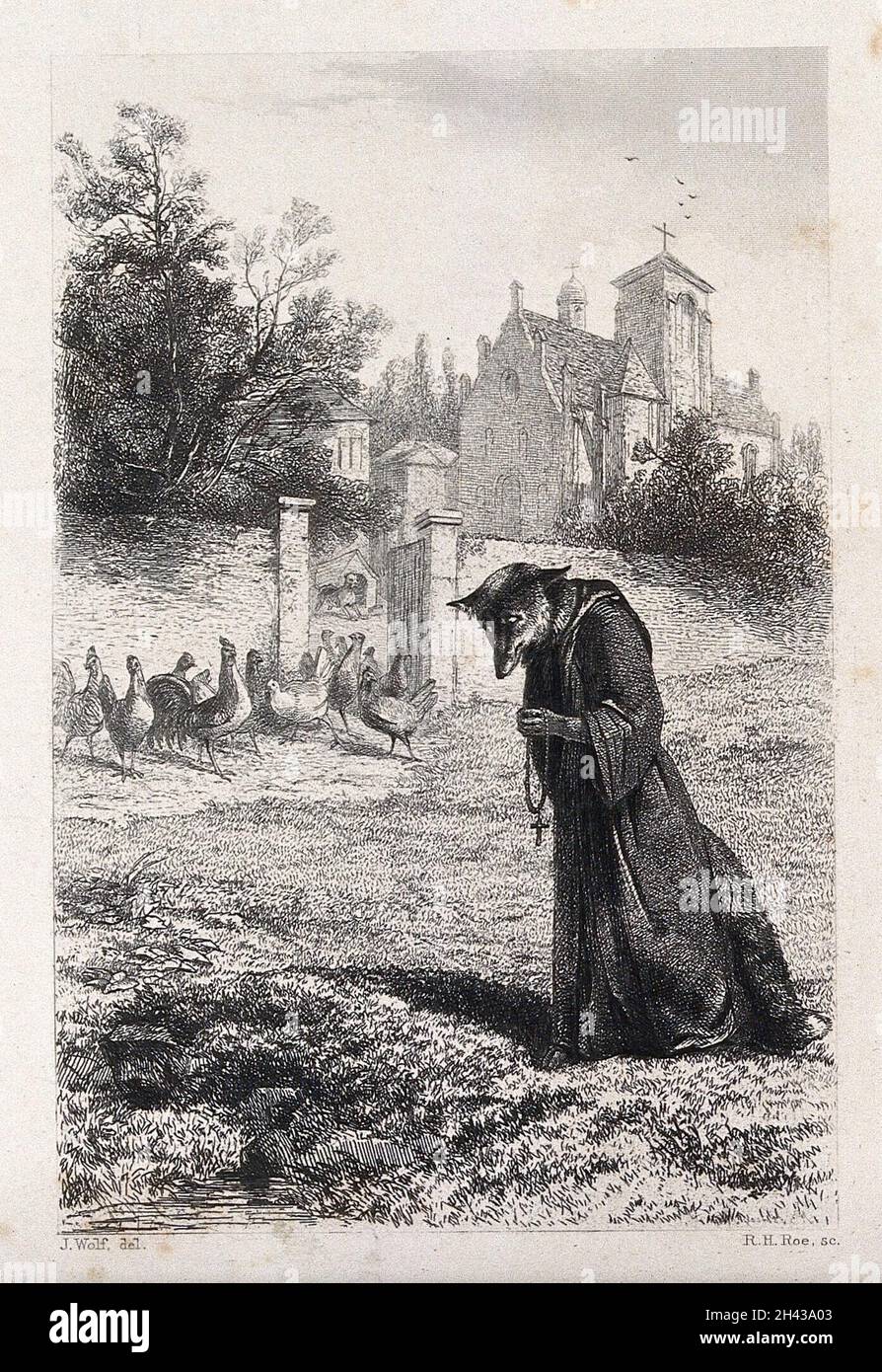 A fox in a monk's habit is apparently deeply engrossed in praying while ...