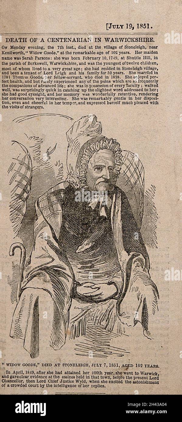 Sarah Parsons known as Widow Goode, died aged 102. Wood engraving, 1851 ...