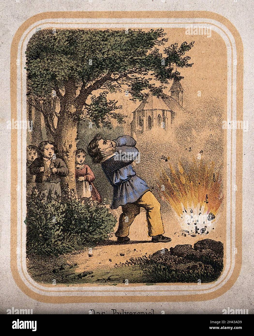 A small boy is startled by an explosion in front of him. Coloured ...