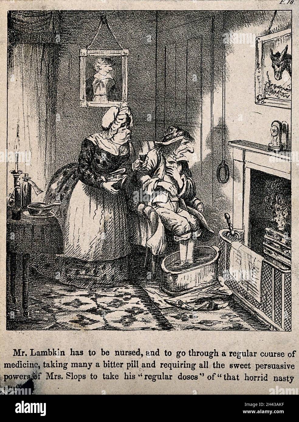 Mr. Lambkin ill with his feet in warm water being nursed by Mrs. Slops ...