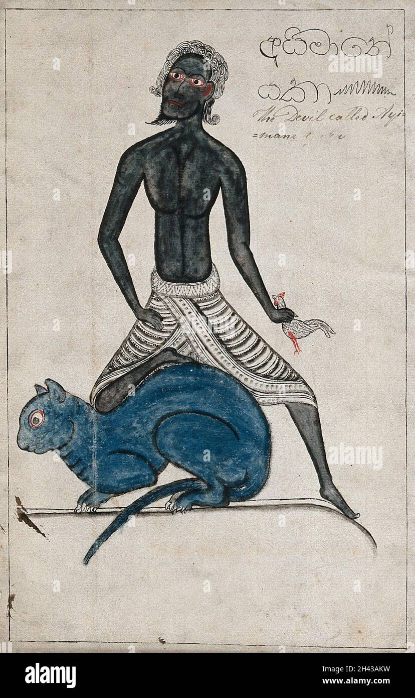 A Sinhalese black devil called Ayimane holding a cockerel in one hand ...