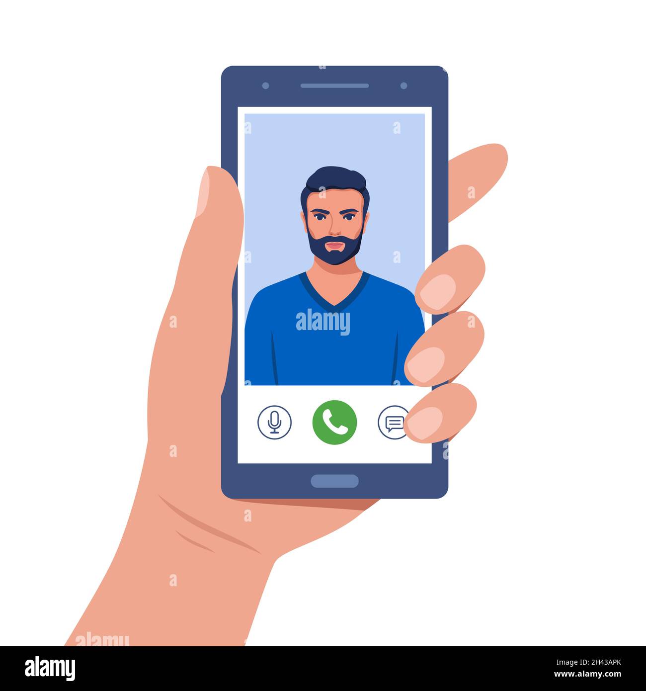 Hand holds smartphone during video call. Young man on smartphone screen ...