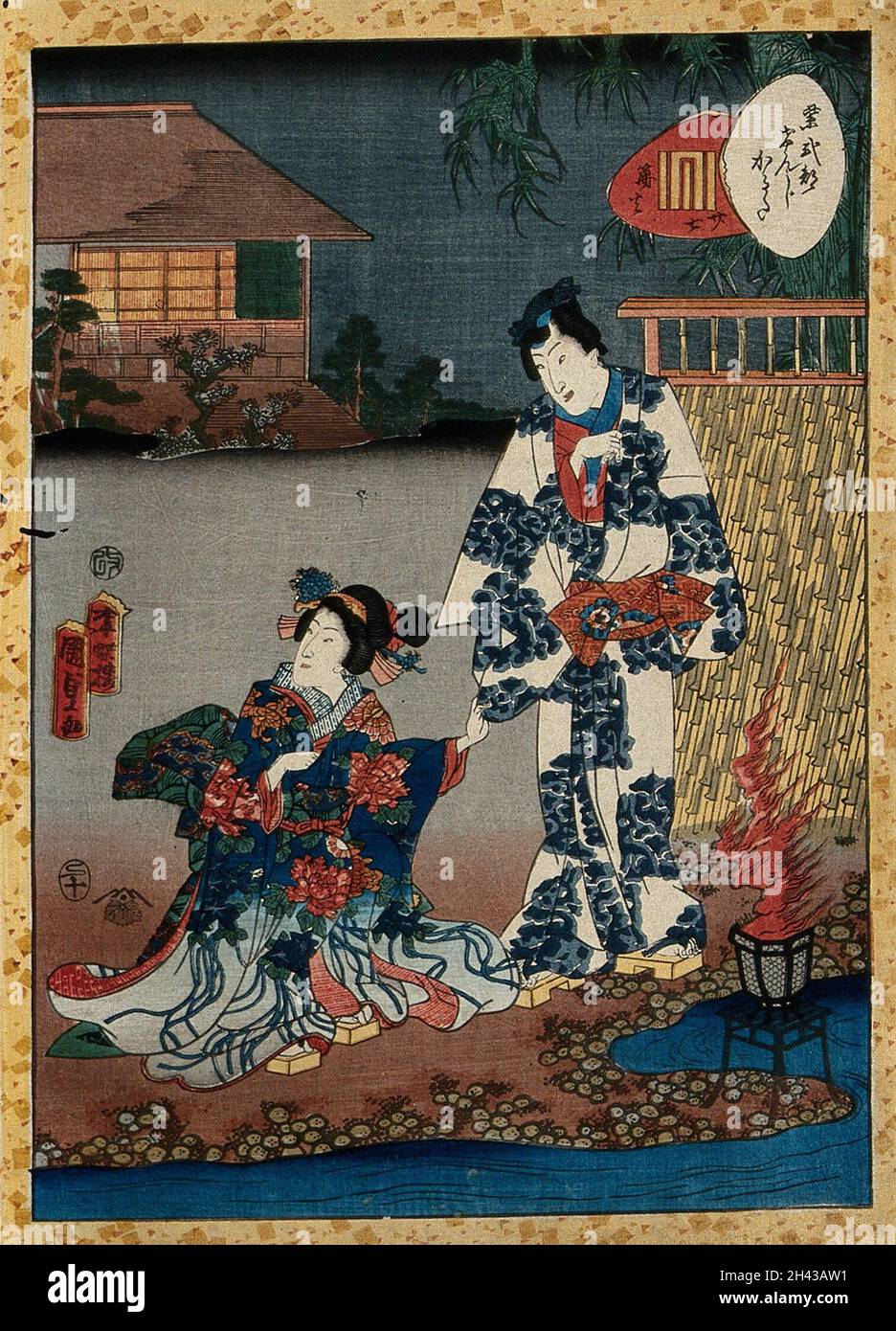Prince Genji and a young girl by a garden pond at night, standing next ...