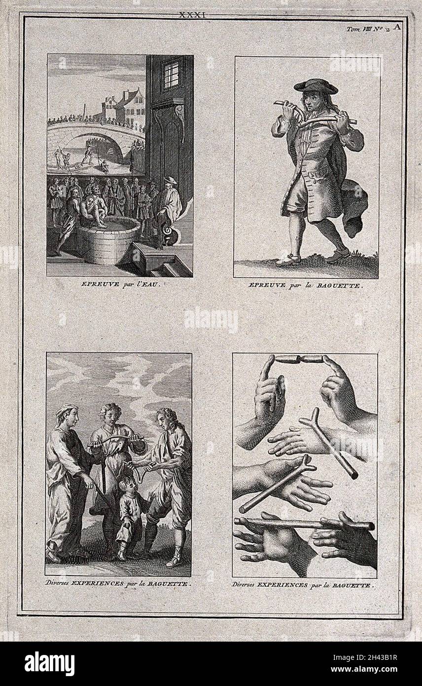 Four scenes all involving water: trial by water, people using ...