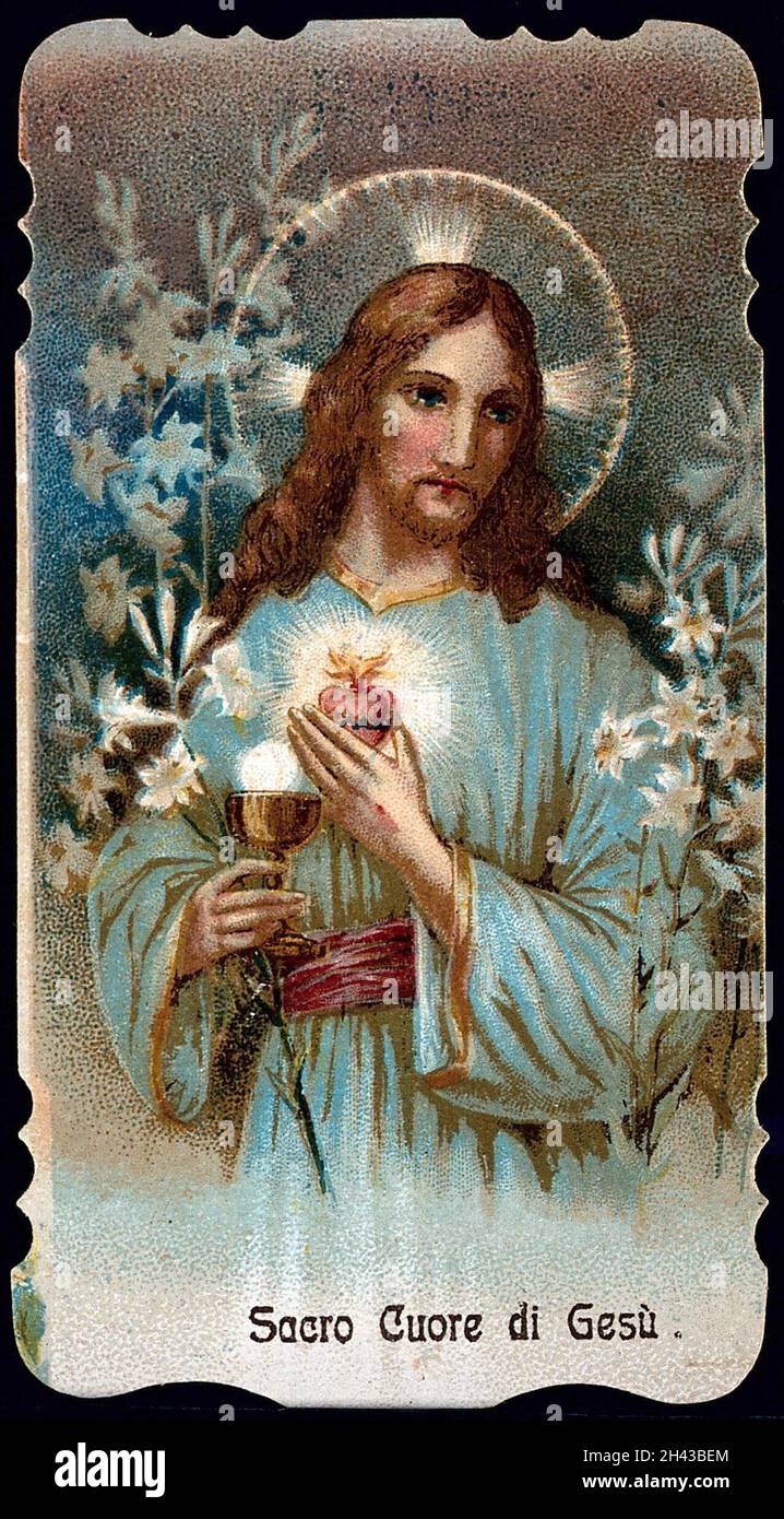 Christ holding a chalice with the host and showing the Sacred Heart ...