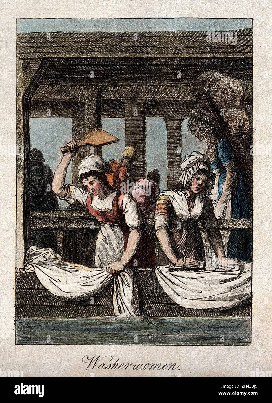 Women are beating and scrubbing sheets in a wash house. Coloured ...