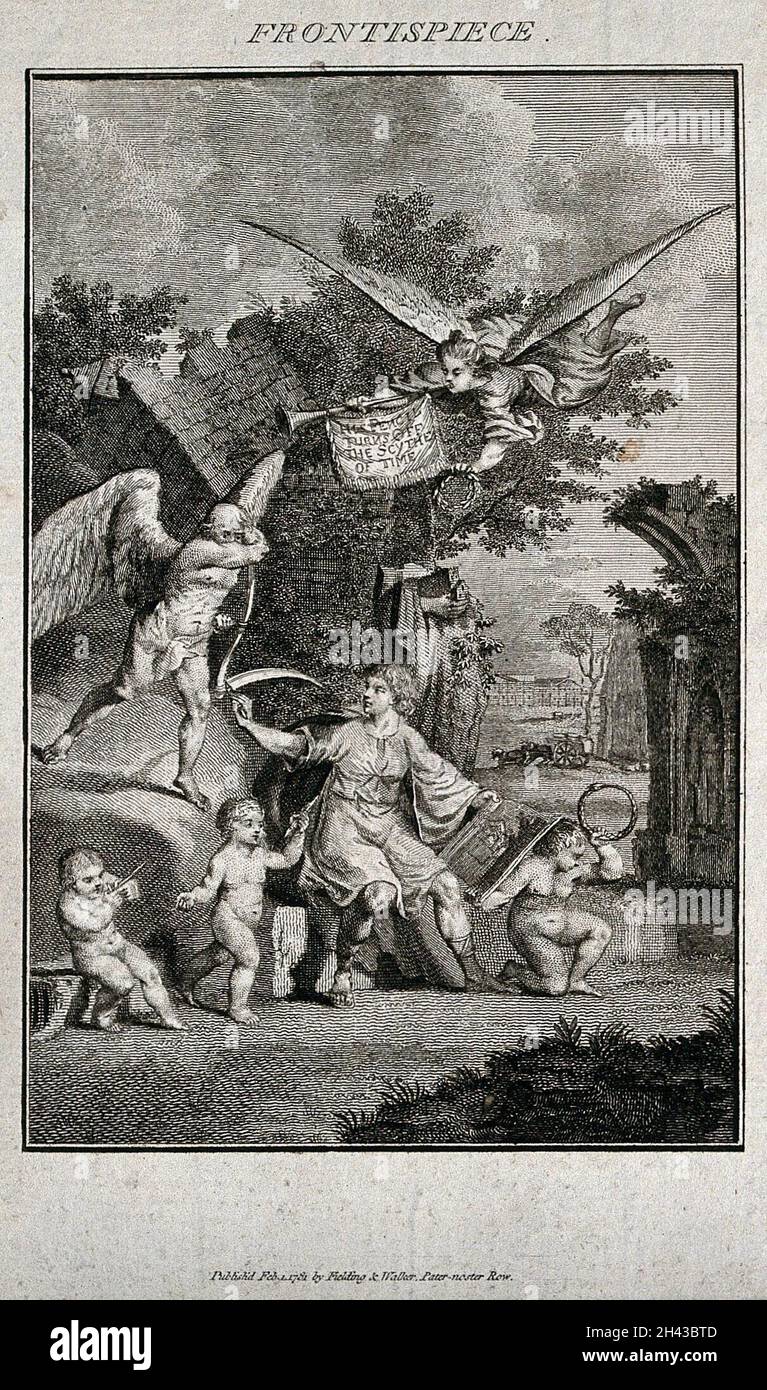 A draftsman sitting amongst ruins and drawing with the assistance of ...