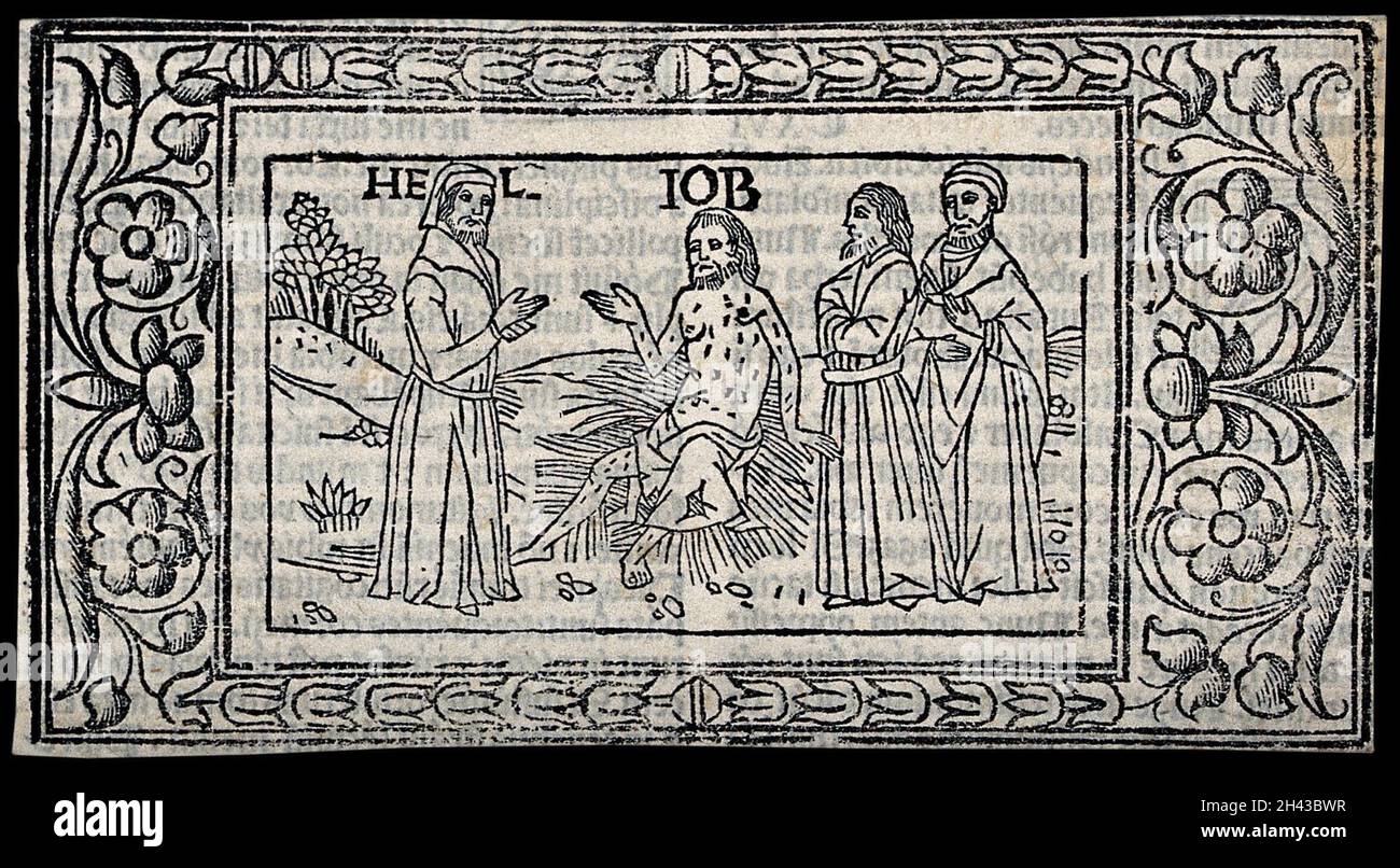 Job and his three friends, Eliphaz' speech. Woodcut Stock Photo - Alamy