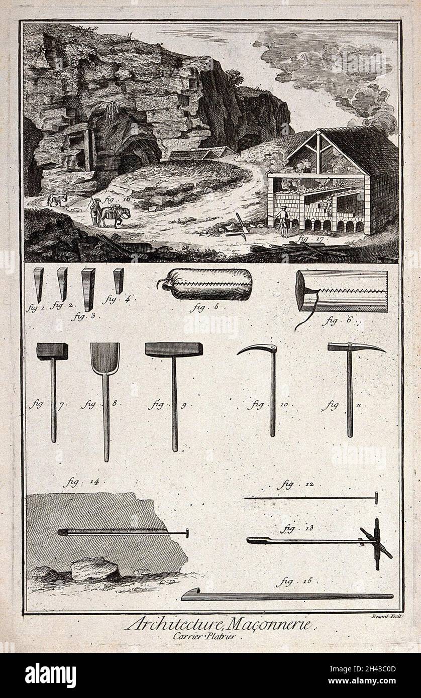 Architecture: a stone quarry (above), details of equipment (below ...