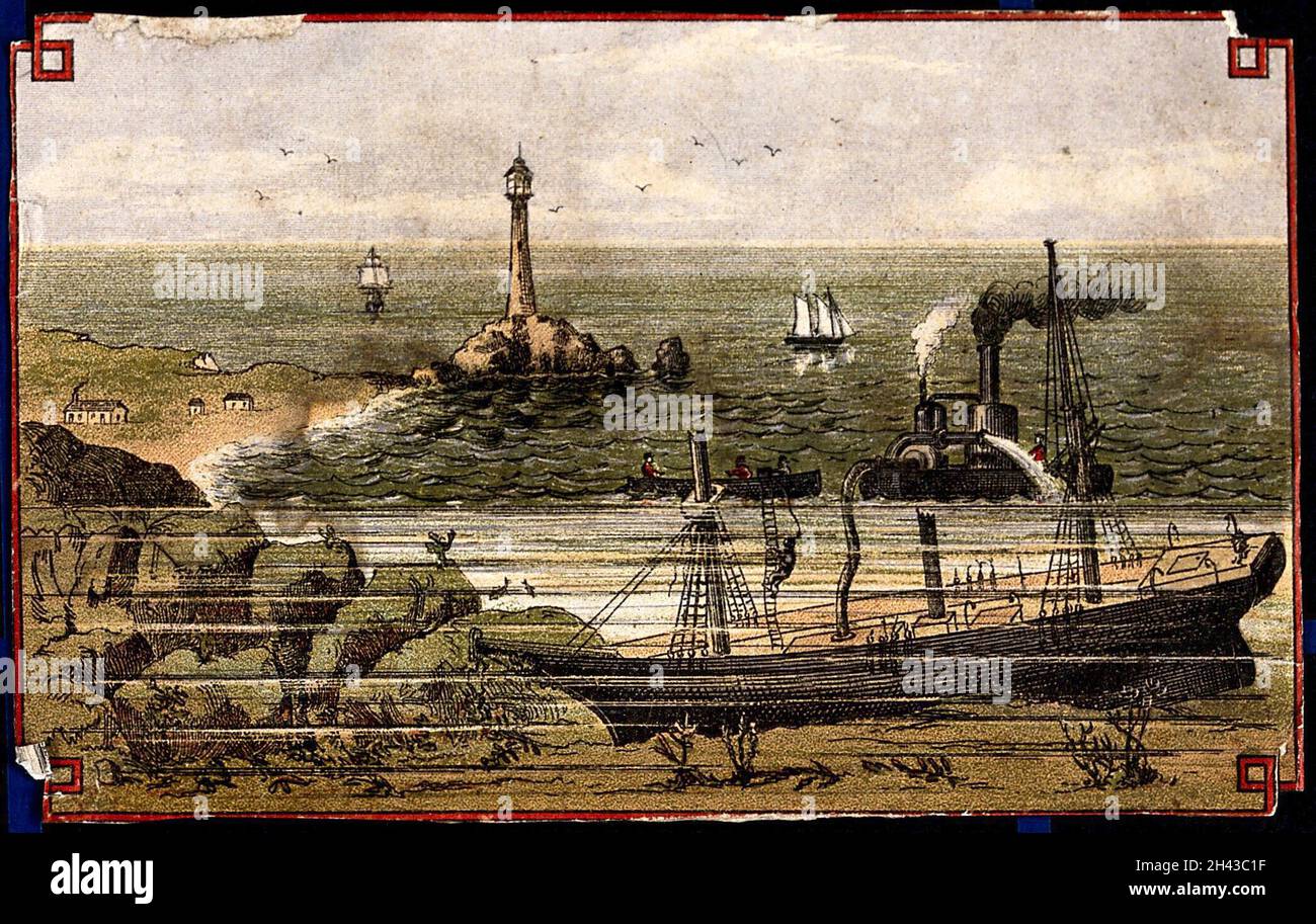 Engineering: a lighthouse, with a pump clearing a wreck. Coloured ...
