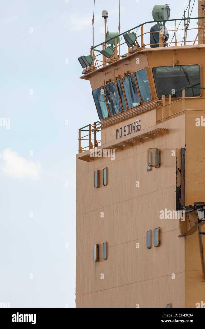 Labuan Bajo, Indonesia - Aug 25, 2019: Close-up of the command bridge ...