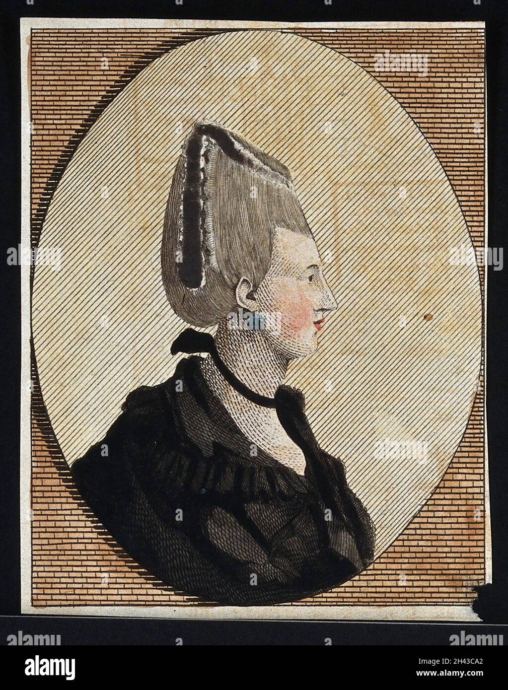 The head and shoulders of a woman in profile to the right wearing a ...
