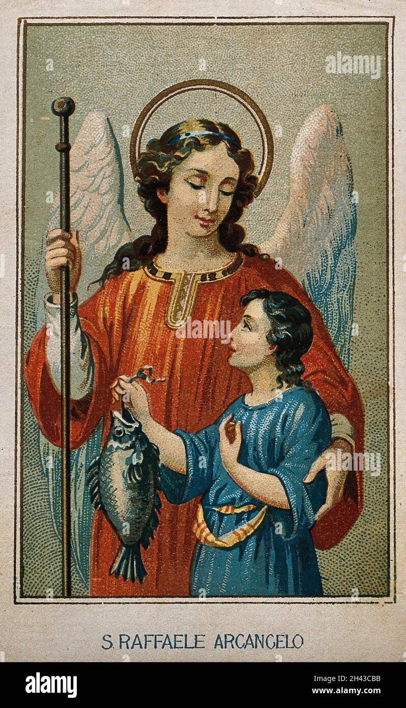 Saint Raphael the Archangel. Colour lithograph Stock Photo - Alamy