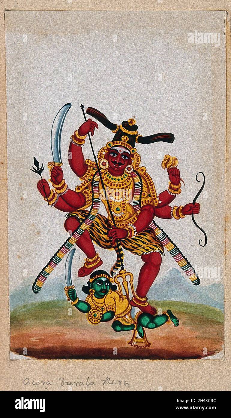 Lord Shiva (?) killing the demon Andhaka (?). Gouache painting by an ...