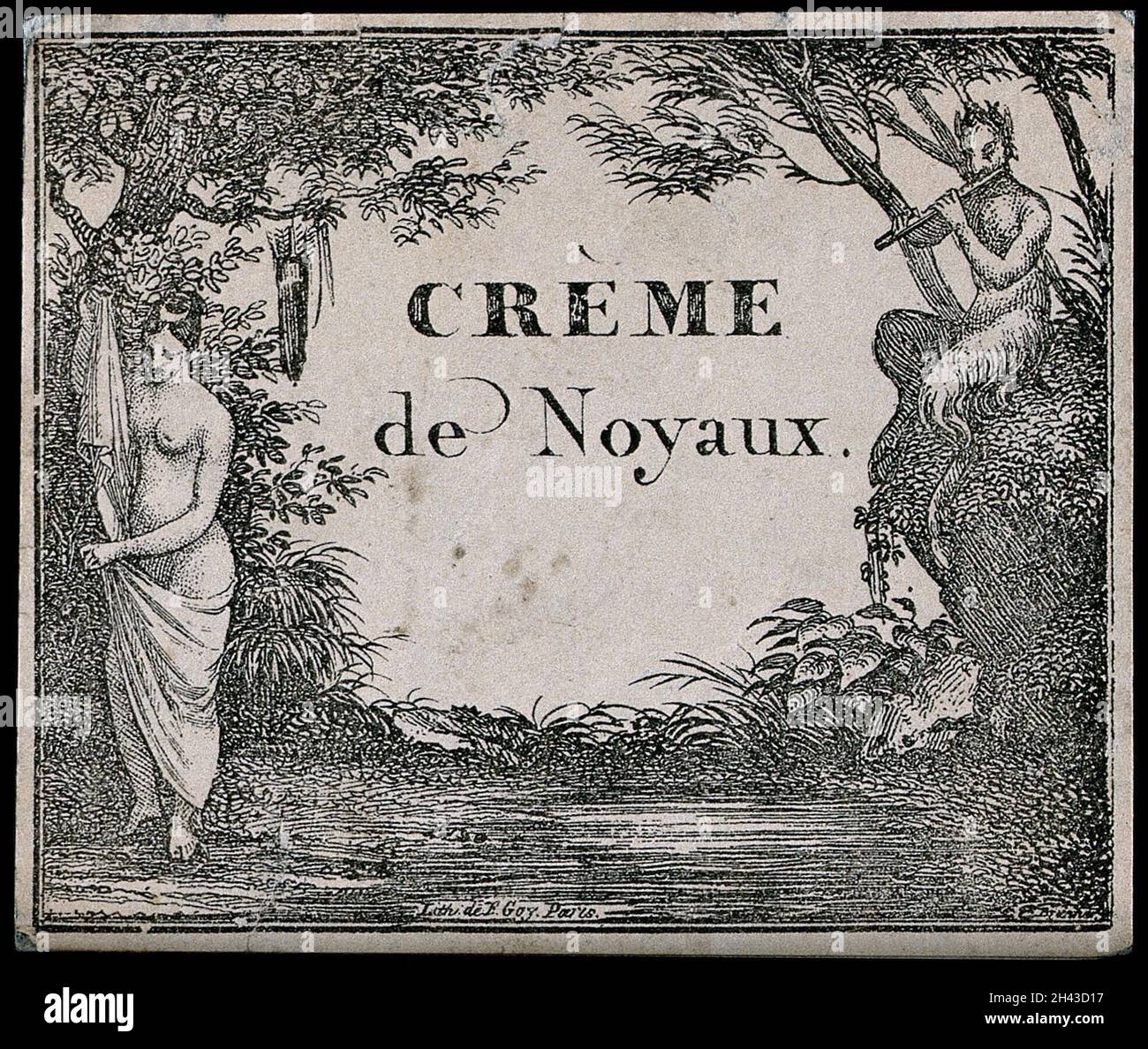 A French liqueur label illustrated with Pan piping to a maiden by a ...