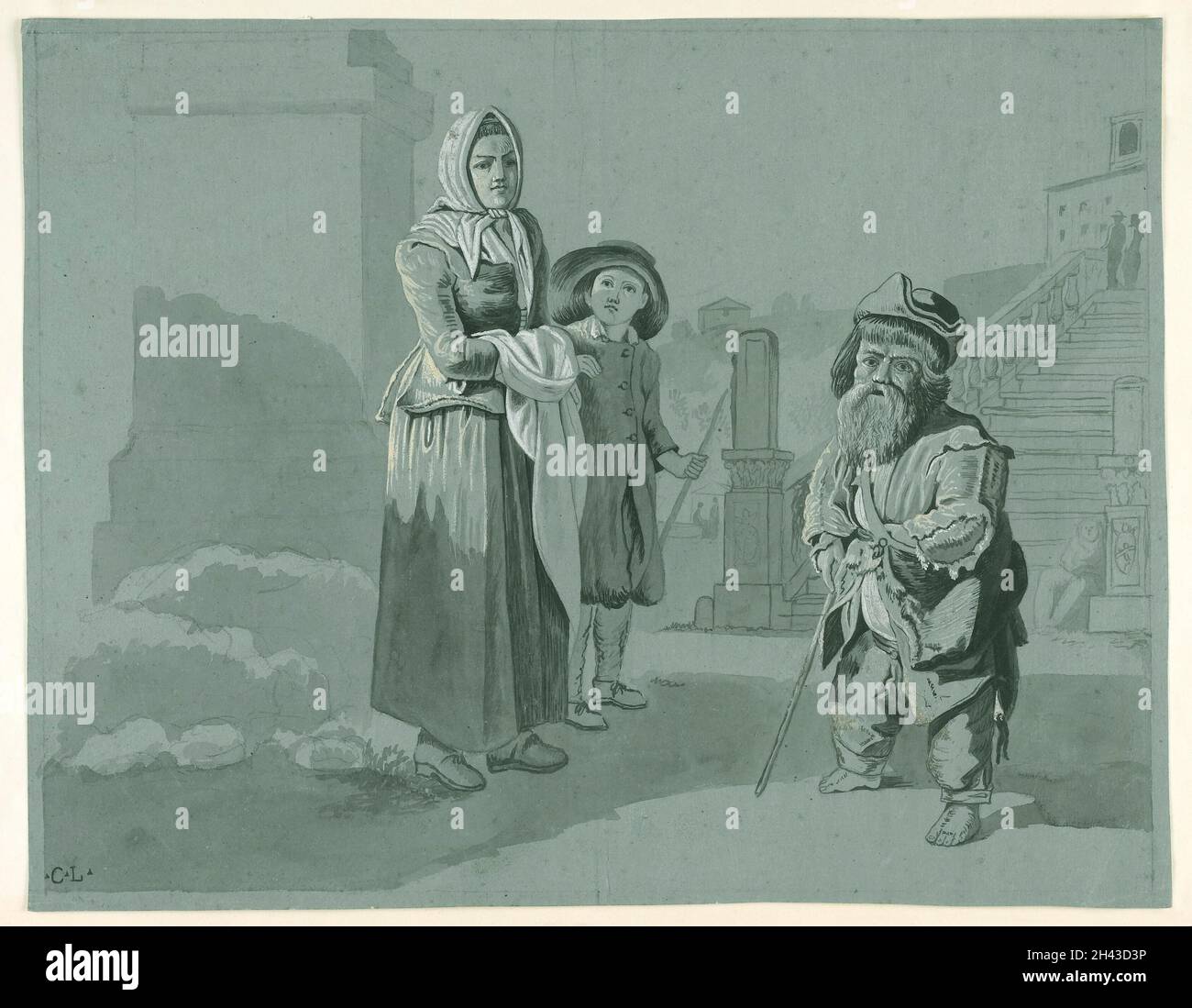 Rome, the Spanish Steps: a woman and a boy looking at a male dwarf ...