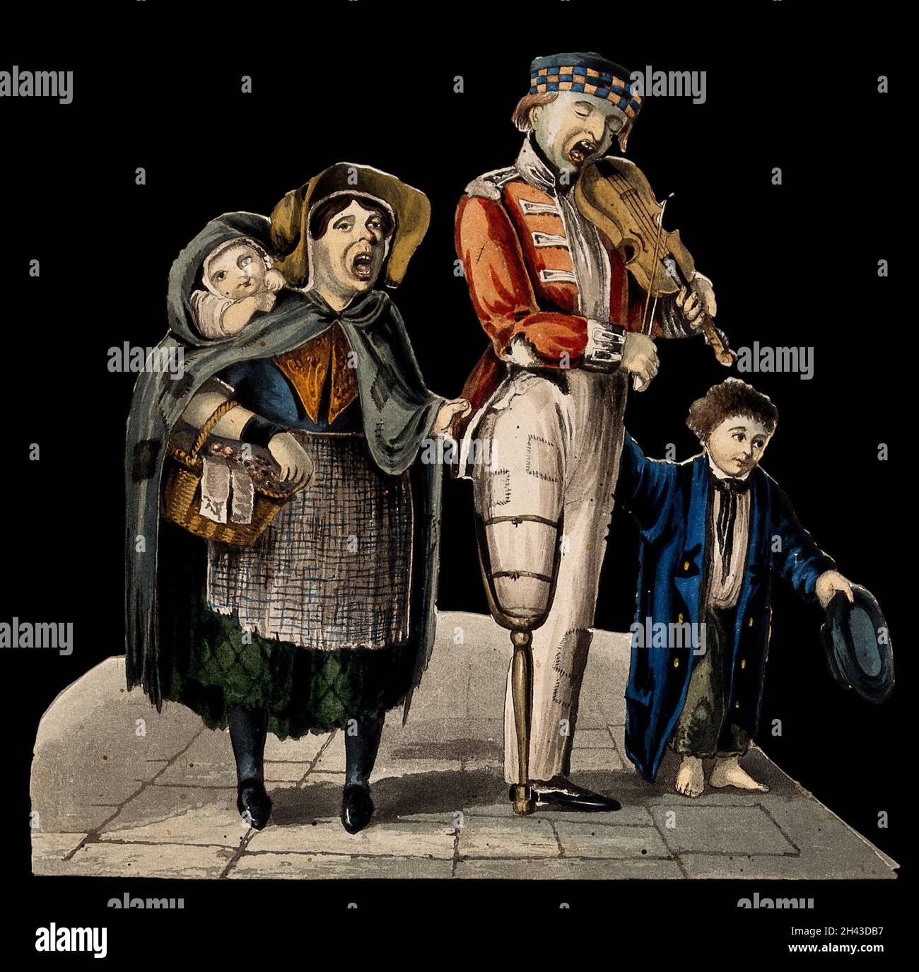 A man with a wooden leg plays the violin while his wife and children ...