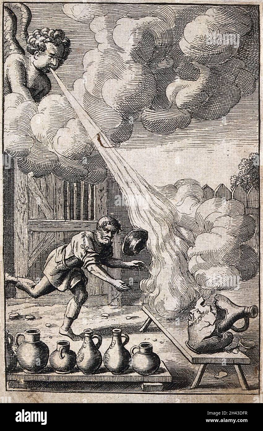 A potter is running towards a large jug which a blast of wind from a ...