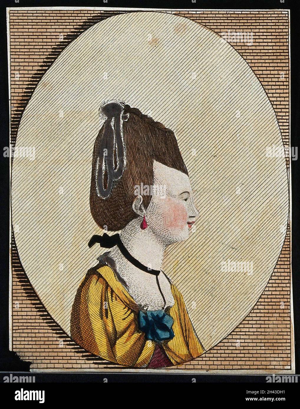 The head and shoulders of a woman in profile to the right wearing a ...