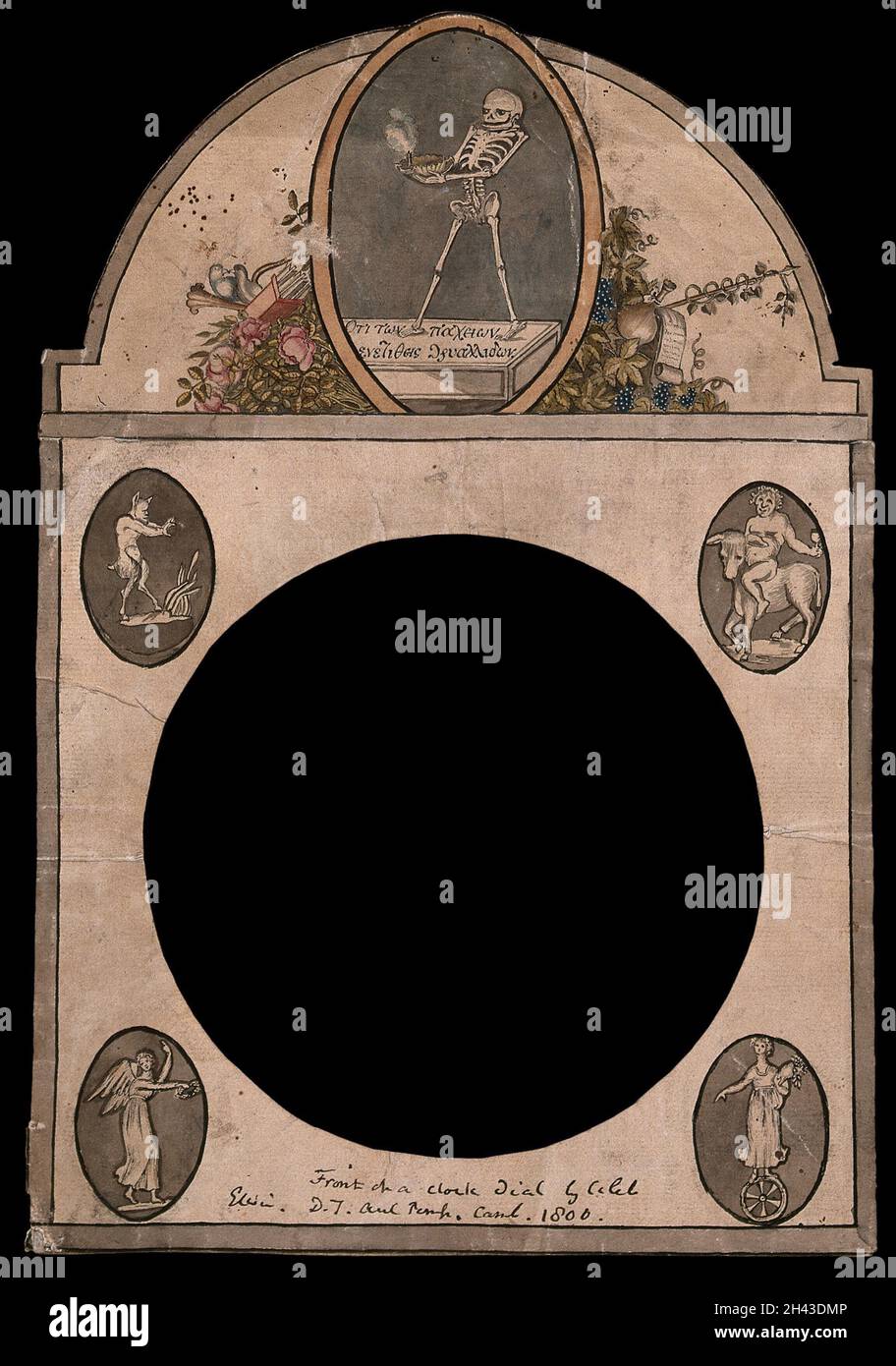 A clock dial on which a skeleton holds an oil lamp. Drawing by Caleb ...