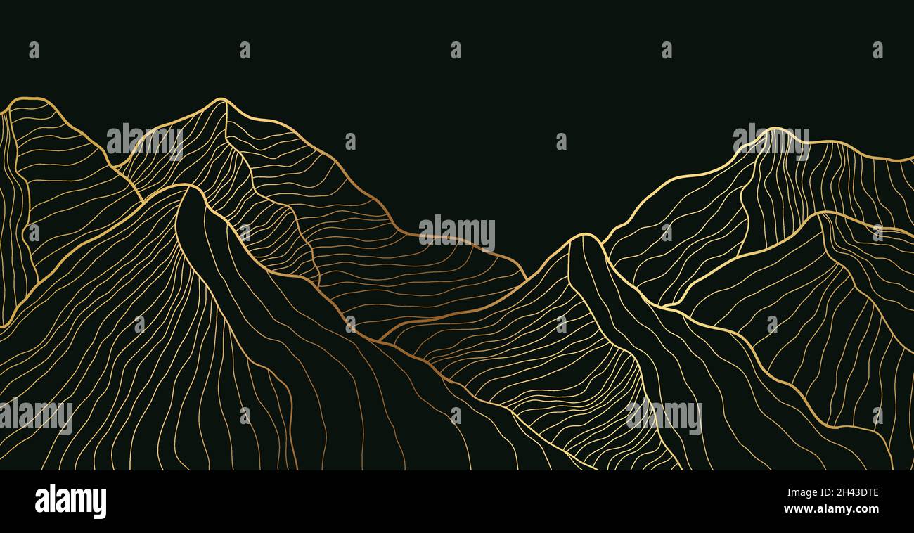 Golden mountains. Abstract art deco gold hills. Vector foil shiny ...