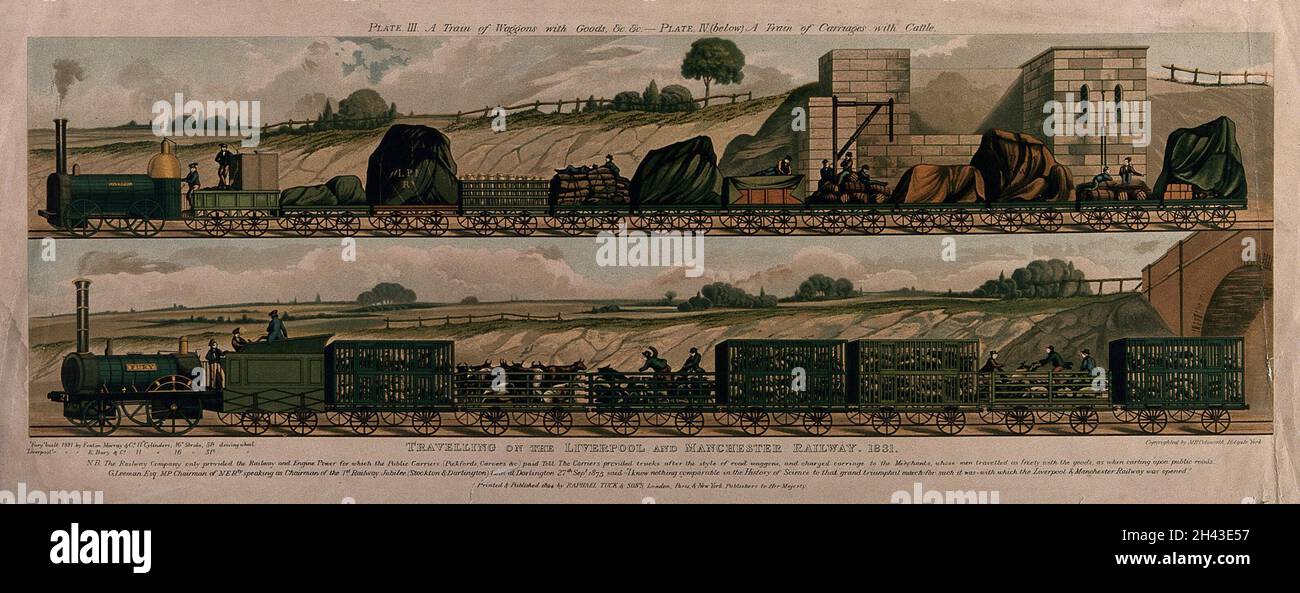 A steam train is pulling a line of wagons carrying goods and another is ...