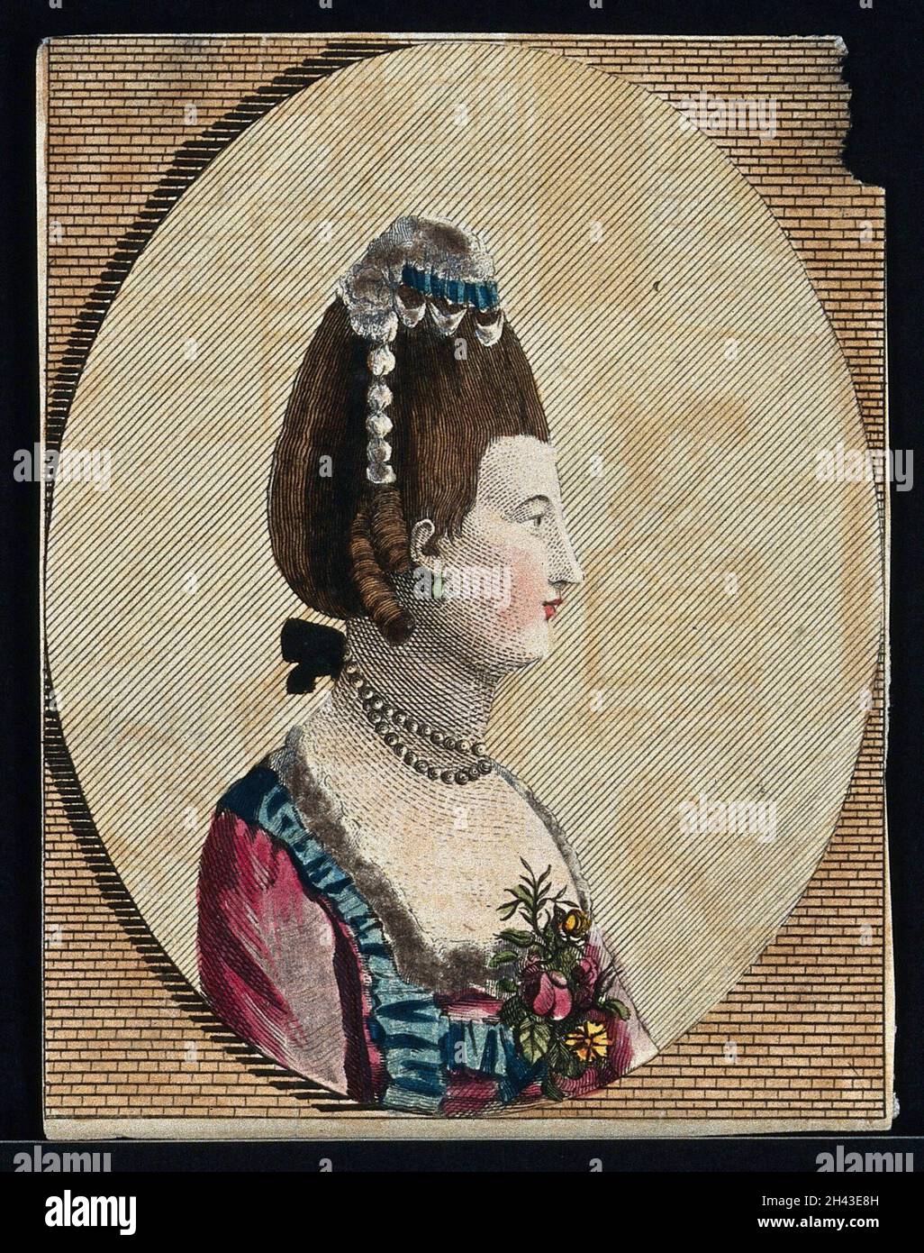 The head and shoulders of a woman in profile to the right wearing a ...