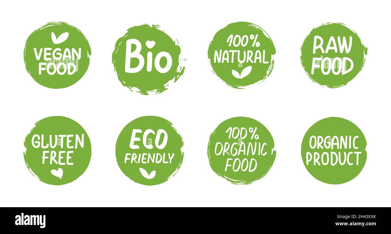 Bio green labels. Organic eco logo set. Vector ecology round banners or ...